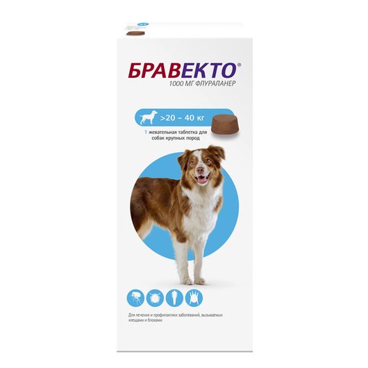 Таблетка жевательная от клещей и блох для собак Bravecto, 1000 мг, 1 шт ...